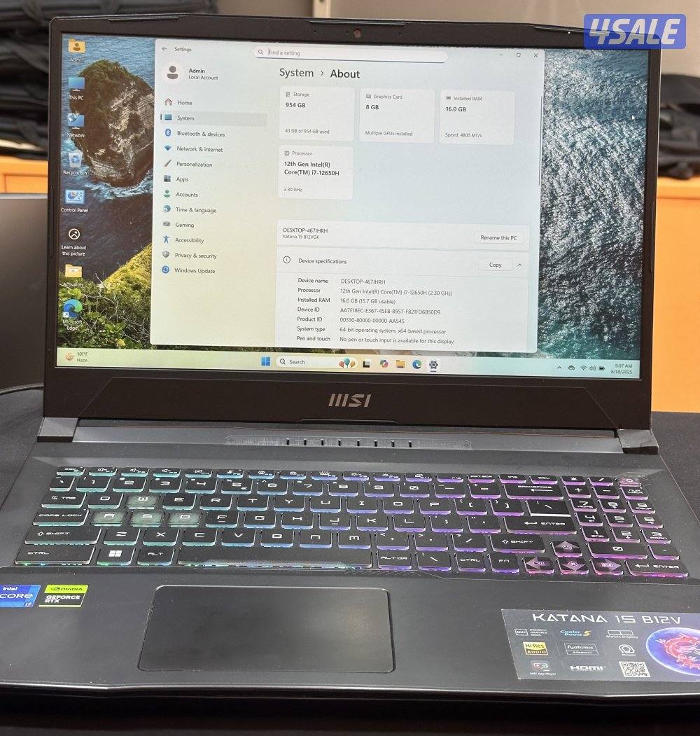 Msi katana 15 B12V core i7-12650H (2.30 GHz)16GB ram 1TB SSD، رقم: