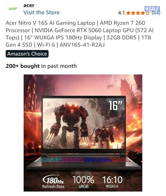 Acer Nitro V 16S, 16" FHD 180Hz, RTX 5060, Ryzen AI 7, No:20412564